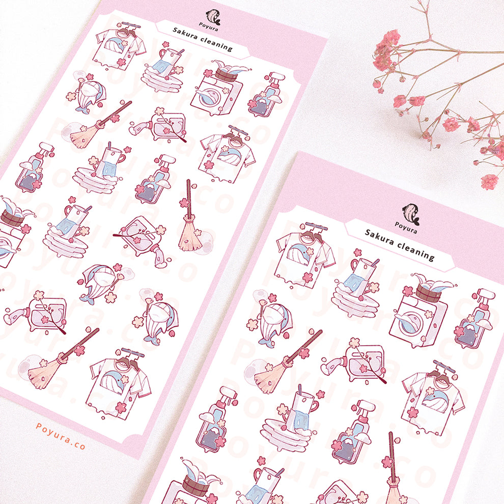 Sakura Cleaning Sticker Sheet - Cute stationery that sparks joy – Poyura